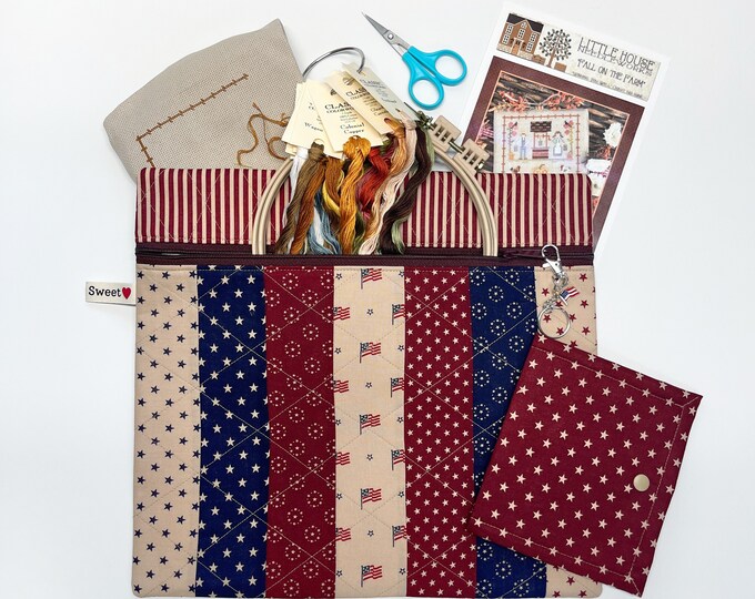 Cross Stitch Project Bag, Patriotic Primitive Quilted Zipper Pouch ...