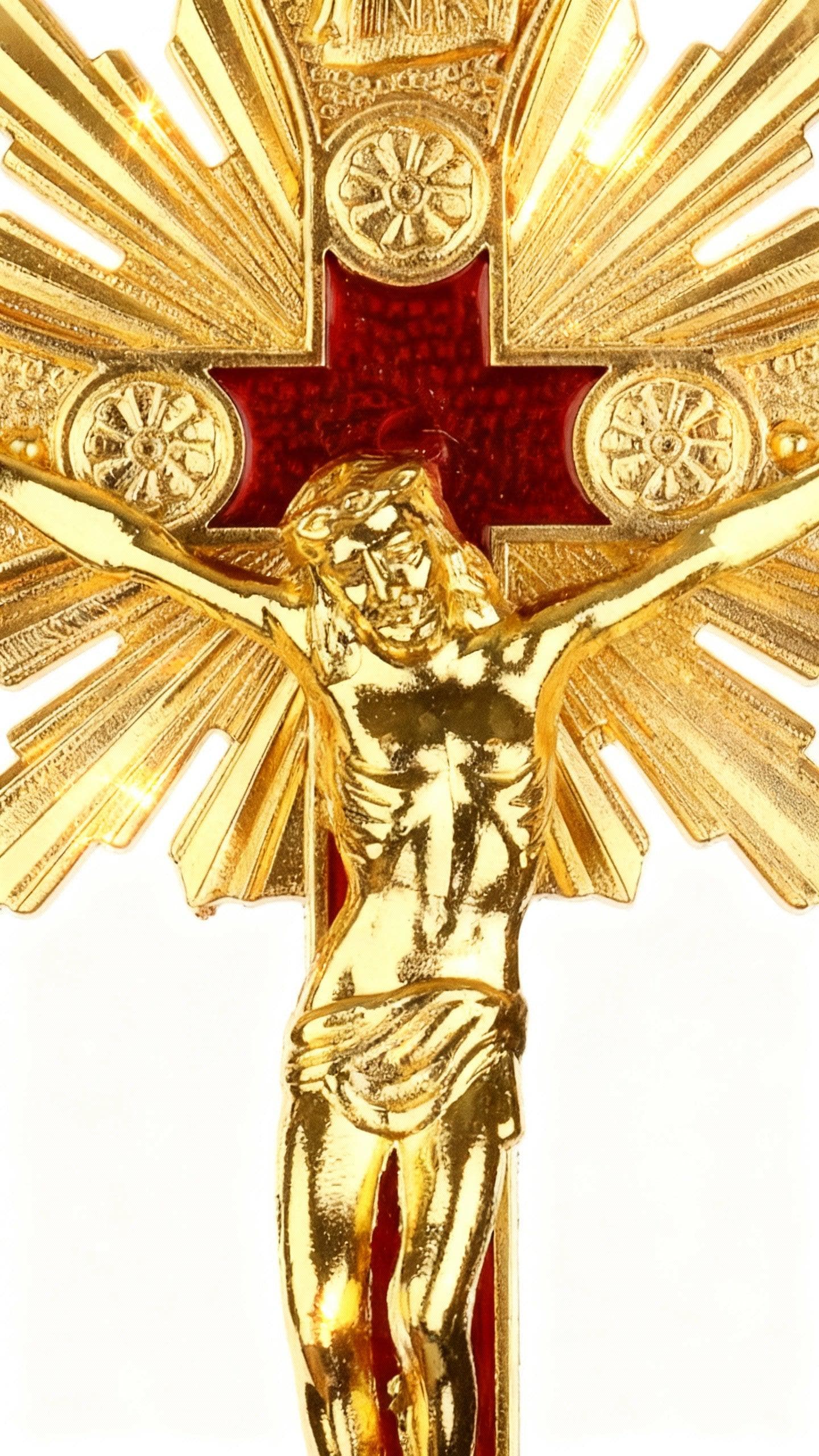 Ornate Gold Catholic Crucifix: Red Enamel Altar Cross, Sacred Decor - Etsy