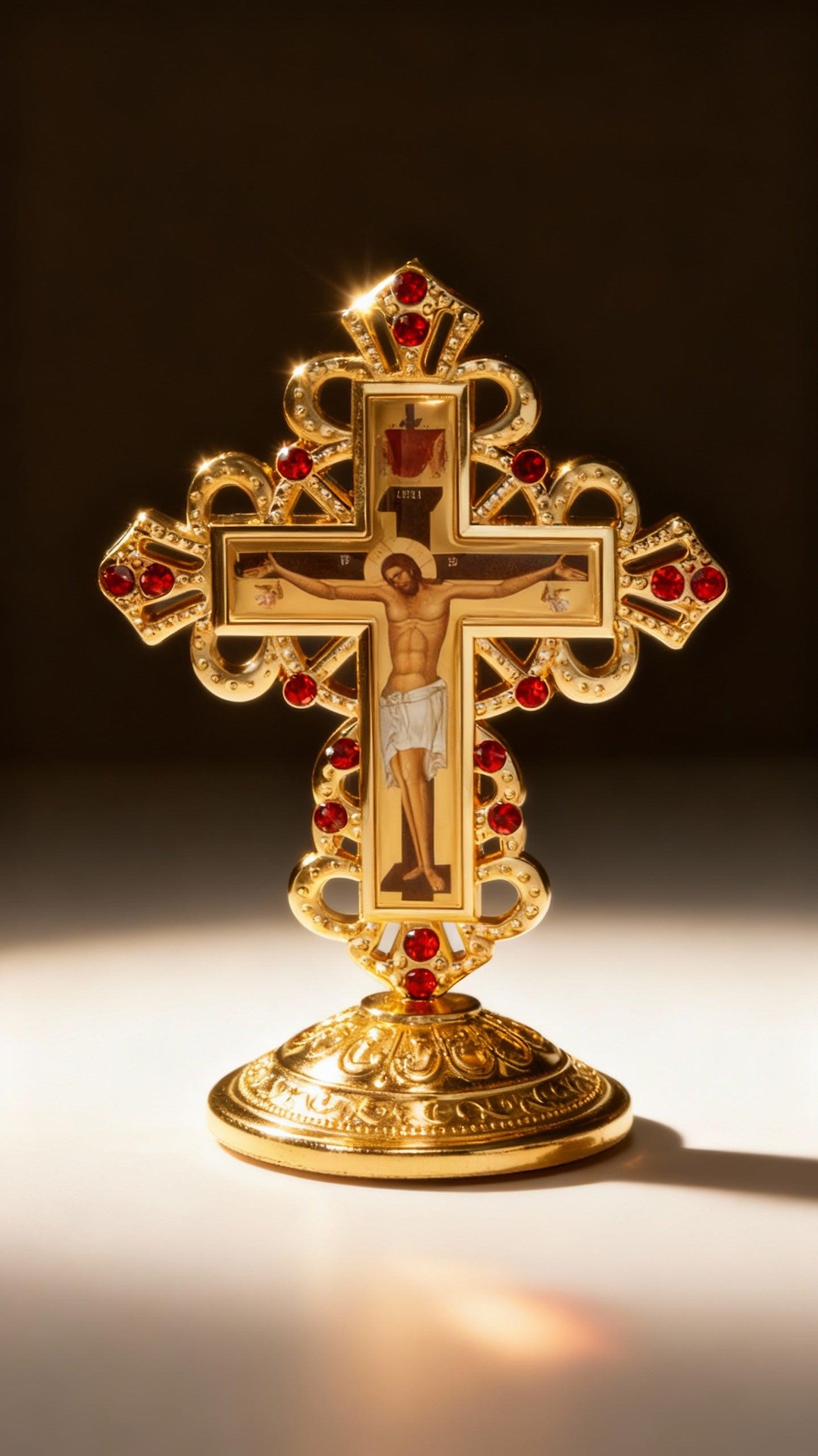 Gold Orthodox Crucifix With Red Gemstones - Byzantine Style Altar Decor ...