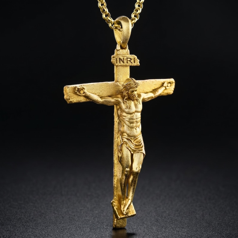 INRI Crucifix Necklace, Detailed Jesus Pendant, 925 Silver or Gold ...