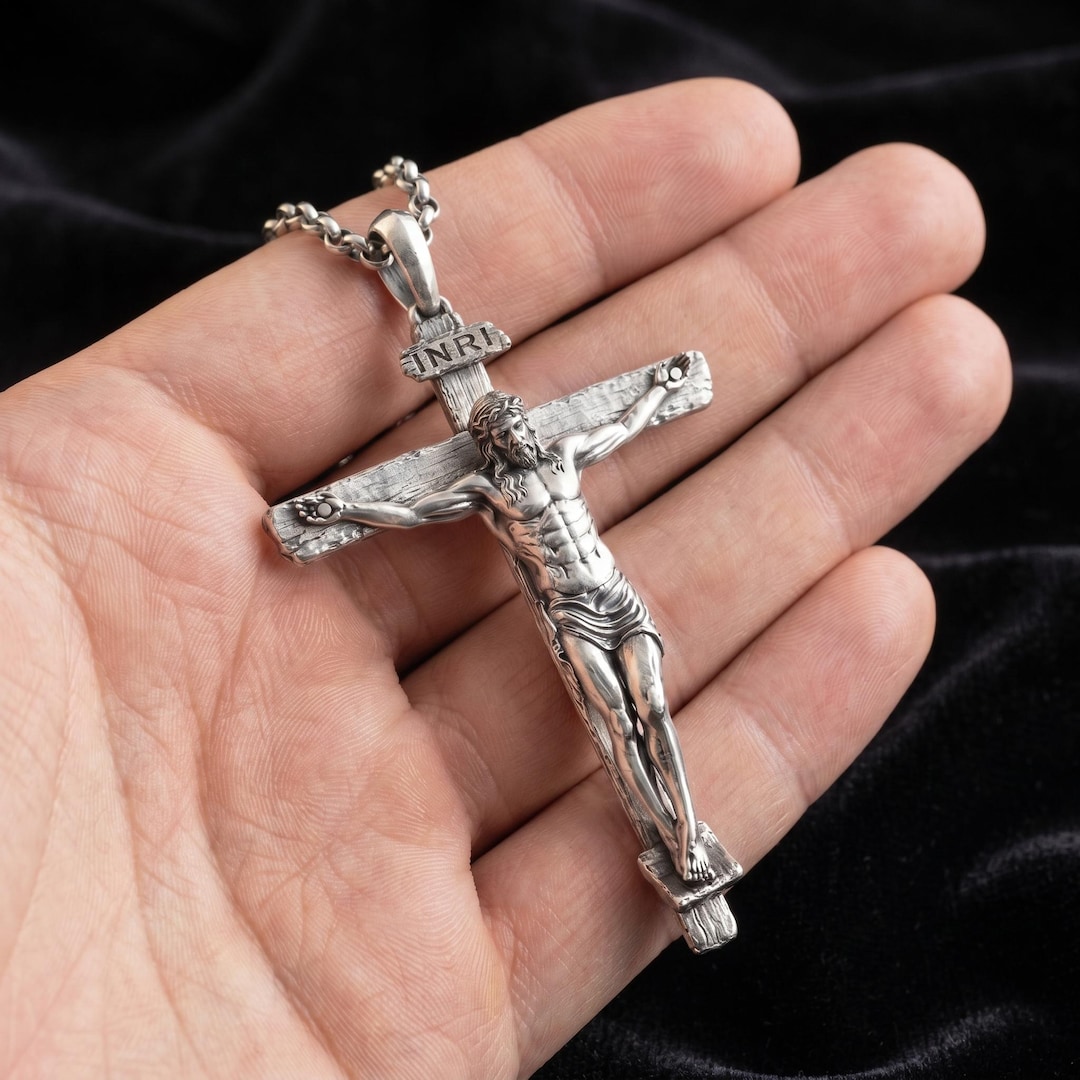 INRI Crucifix Necklace, Detailed Jesus Pendant, 925 Silver or Gold ...