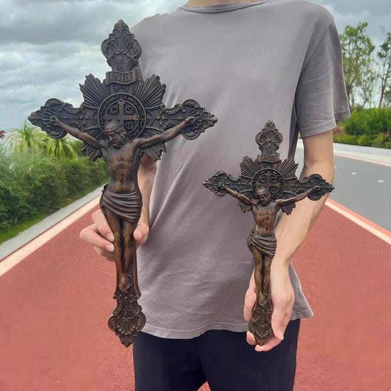 Hand Carved Beechwood Crucifix | Standing Altar Cross or Wall Crucifix ...