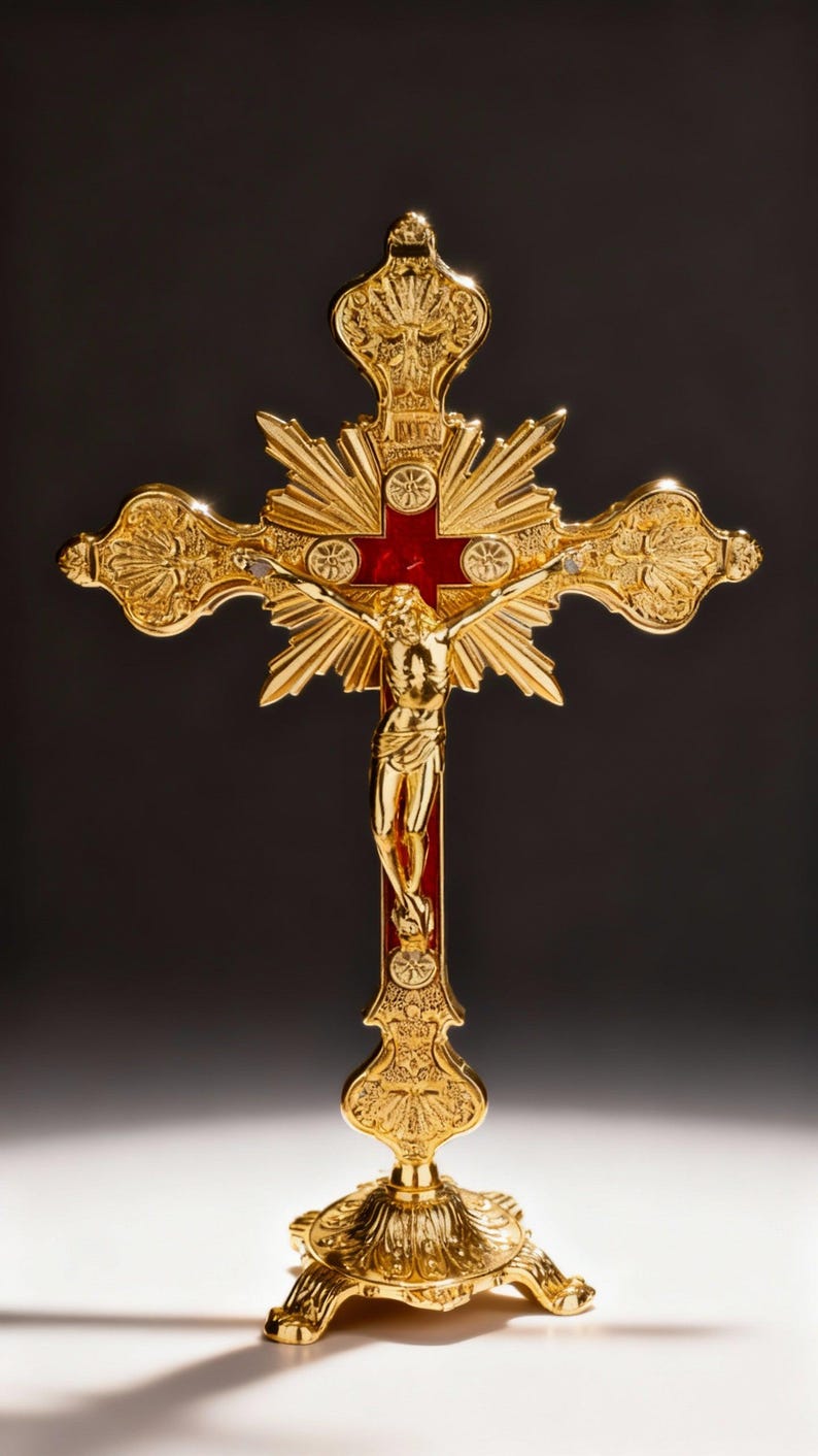 Ornate Gold Catholic Crucifix: Red Enamel Altar Cross, Sacred Decor - Etsy