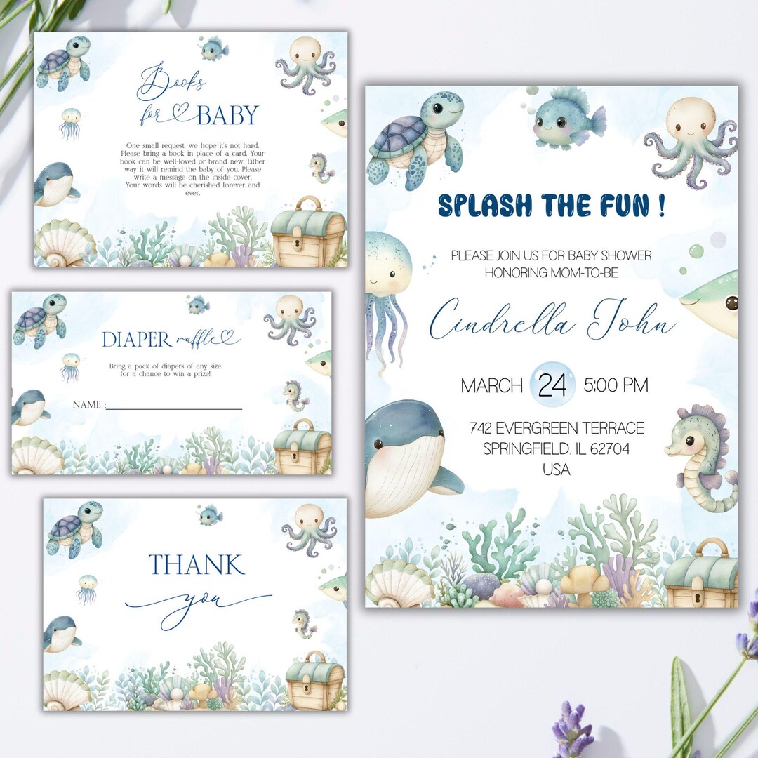 Editable Sea Baby Shower Invitation Bundle: Beach Theme (digital ...