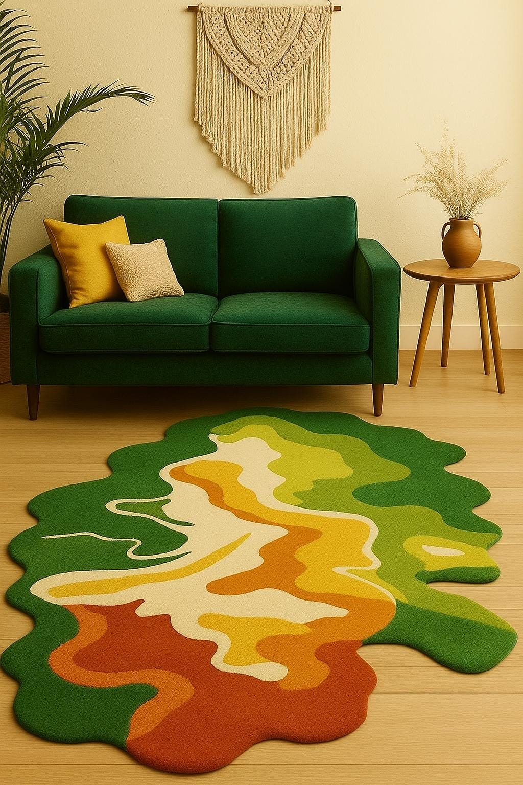 Hand Tufted New Zealand Wool Rug: Abstract Wave Design, Green Yellow ...