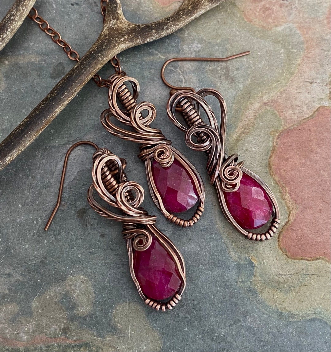 Ruby Necklace and Earring Set, Wire Wrapped Ruby Earrings, July Birthstone Necklace and Earrings ...