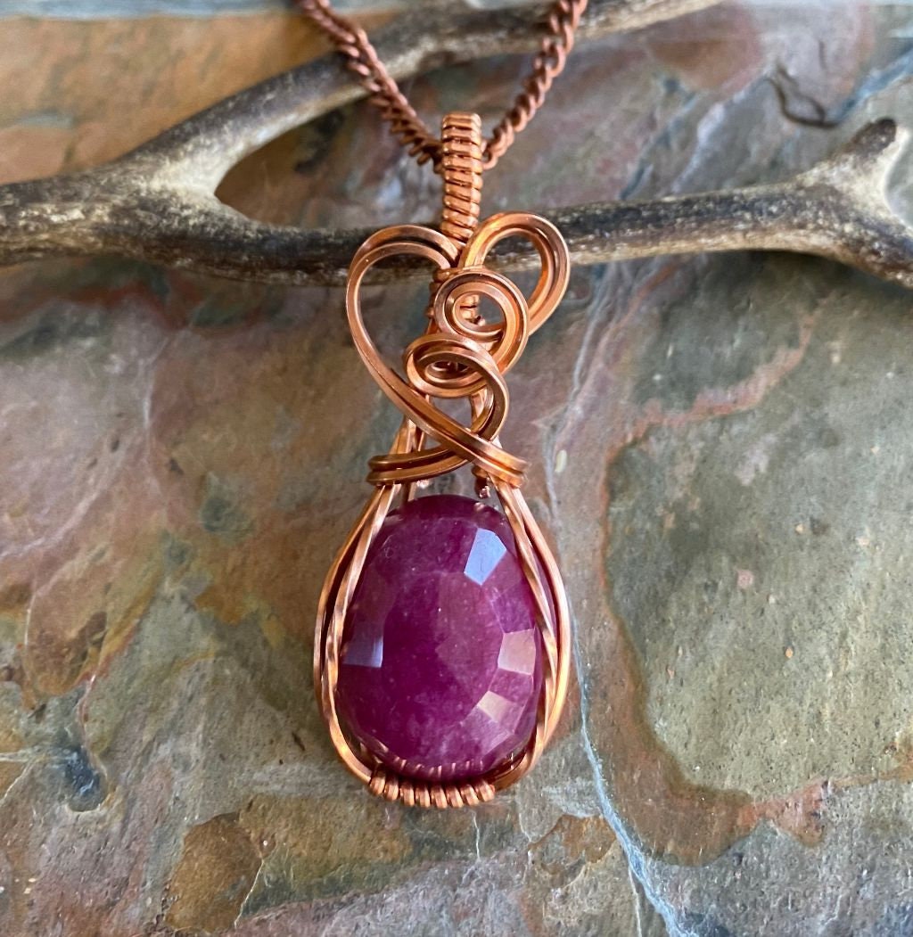 Fancy Ruby Necklace,Wire Wrapped Ruby Necklace Antiqued Copper,Genuine ...