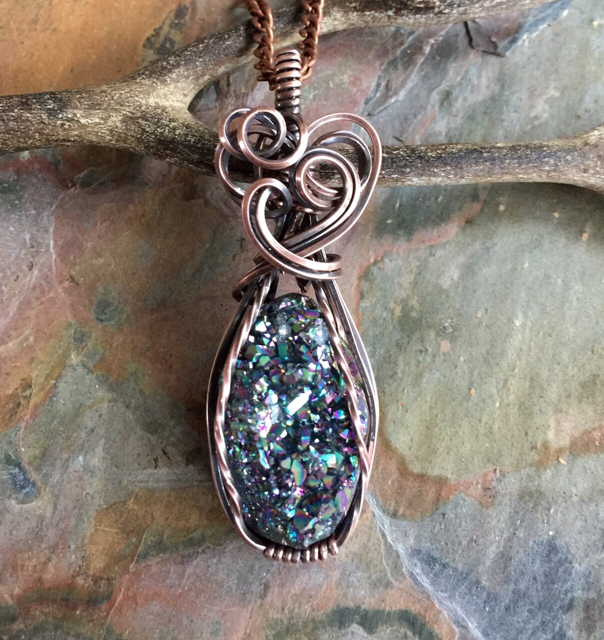 Wire Wrapped Titanium Druzy Necklace In Antiqued Copper Titanium Druzy