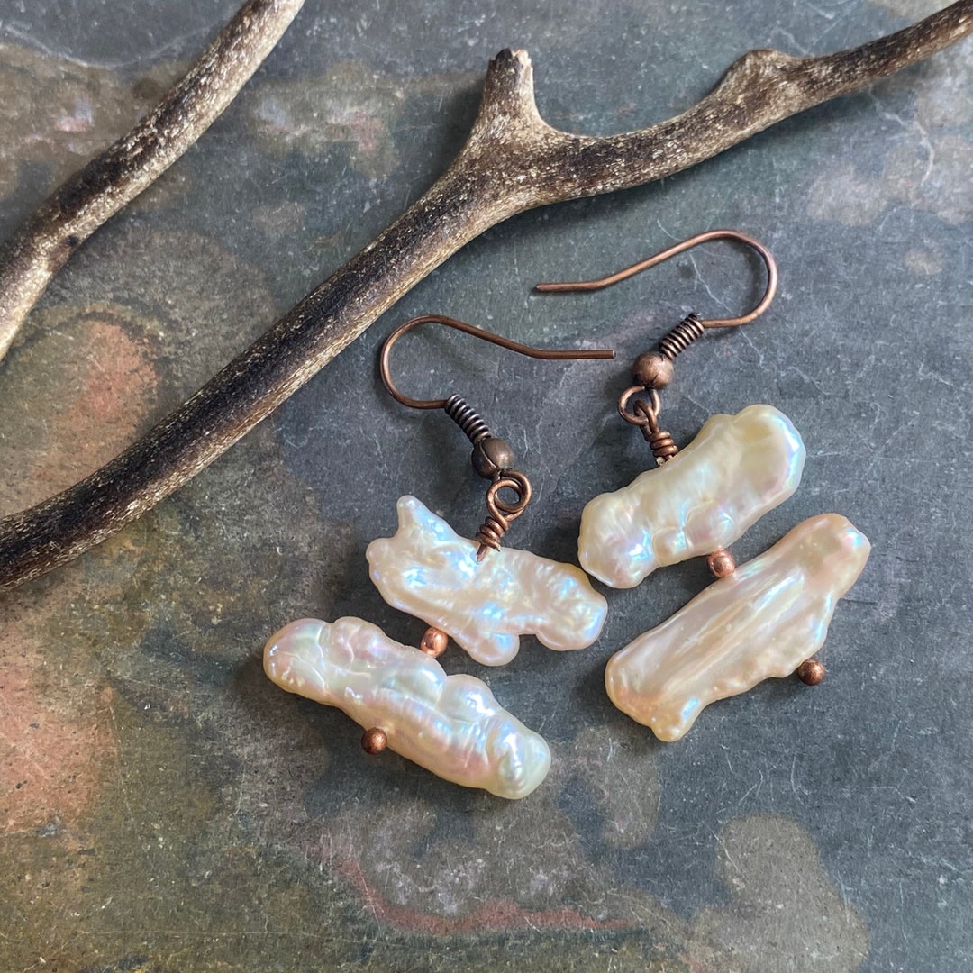 Biwa Stick Pearls Light Cream Color Drop Earrings, Stick Pearl Copper ...