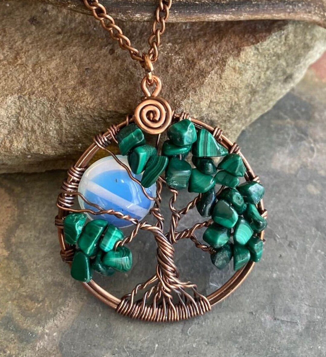 Blue Opalite Full Moon Tree of Life Necklace in Antiqued Copper,wire ...