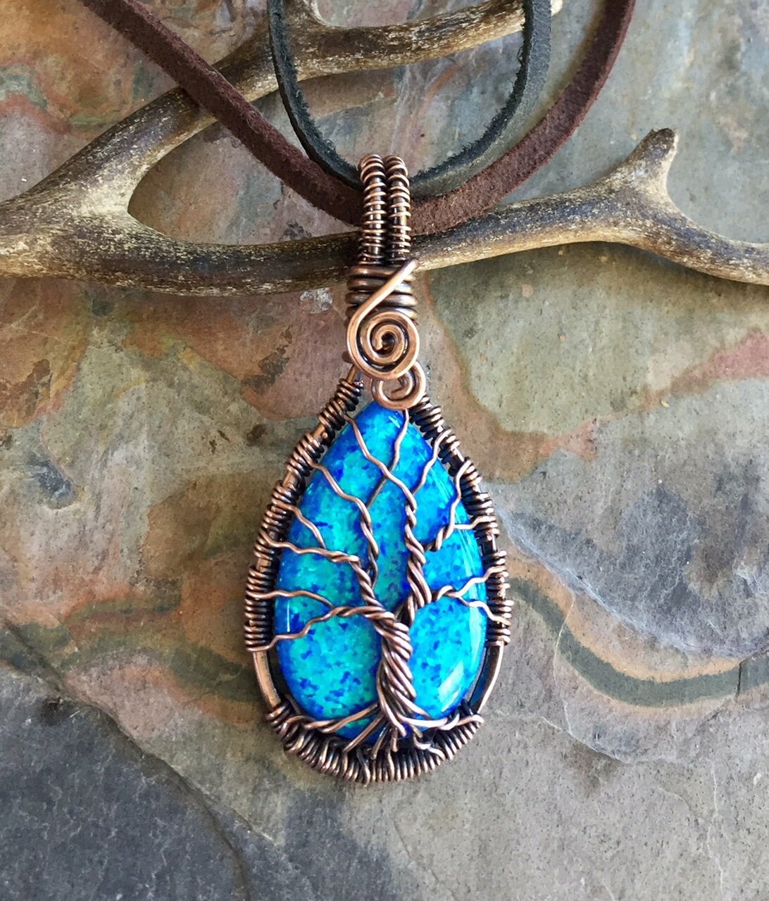 Blue Opal Necklace Simulated Blue Opal Tree Of Life Necklace Synthetic Blue Opal Jewelry Opal