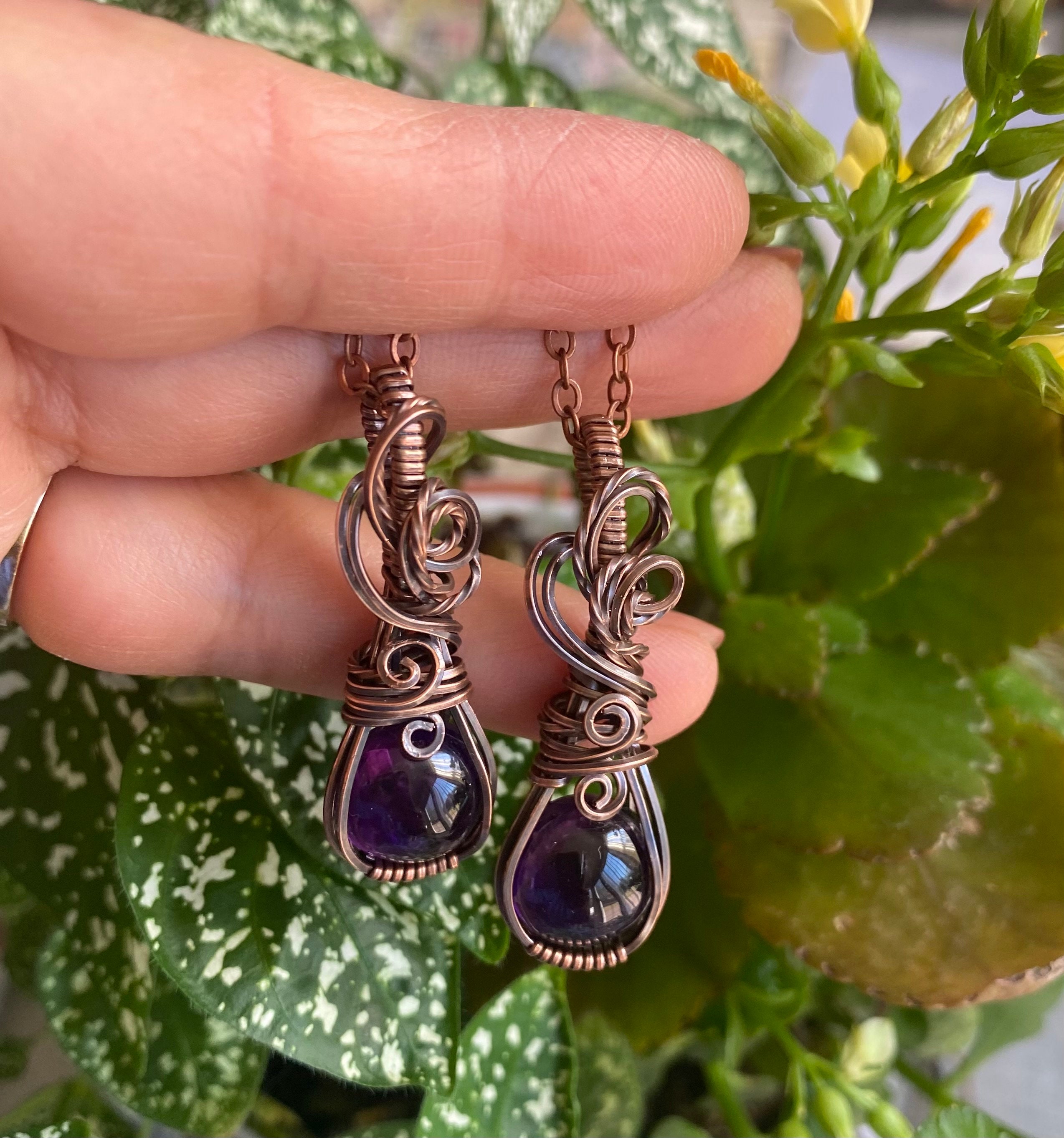 Amethyst Necklace,Wire Wrapped Amethyst Necklace in Antiqued Copper ...