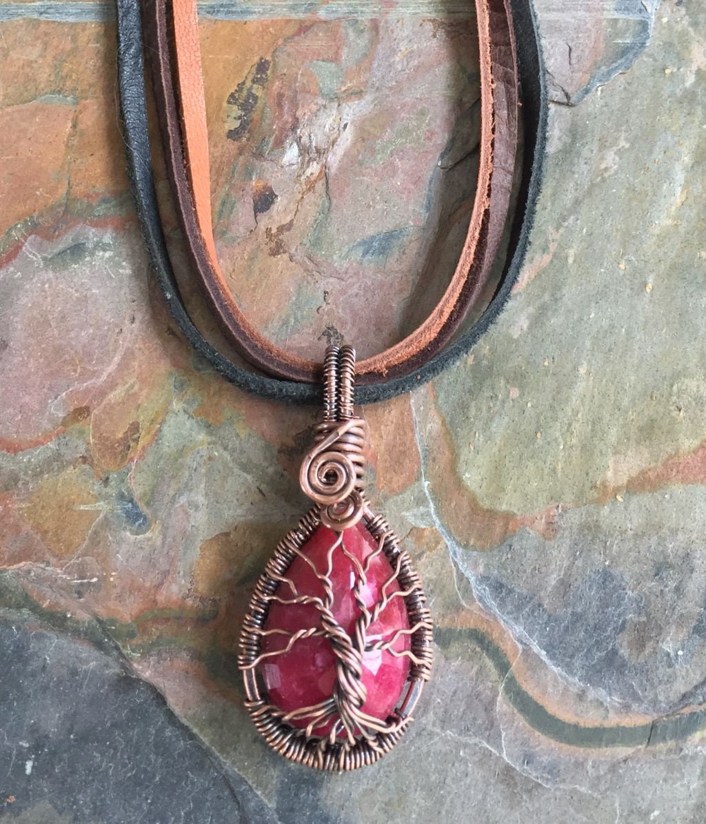 Wire Wrapped Ruby Necklace in Antiqued Copper,Genuine Ruby Tree of Life ...