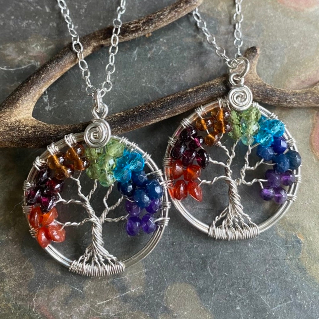 STERLING SILVER 7 Chakras Tree of Life Necklace, Wire Wrapped Chakras ...
