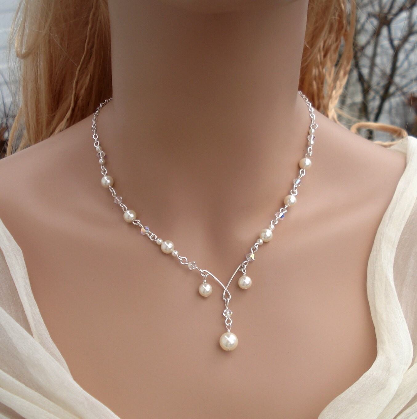 Pearl Crystal Necklace In Sterling Silver Wired Pearl Crystal Etsy