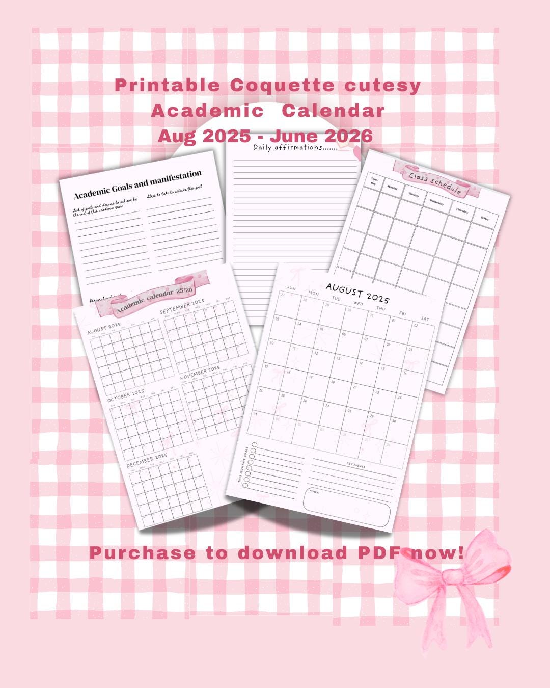 Printable "coquette Cutesy" Themed Academic Calendar, Monthly and ...