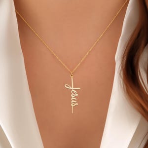 Jesus Cross Necklace – Gold Plated Script Pendant – Faith Jewelry for ...