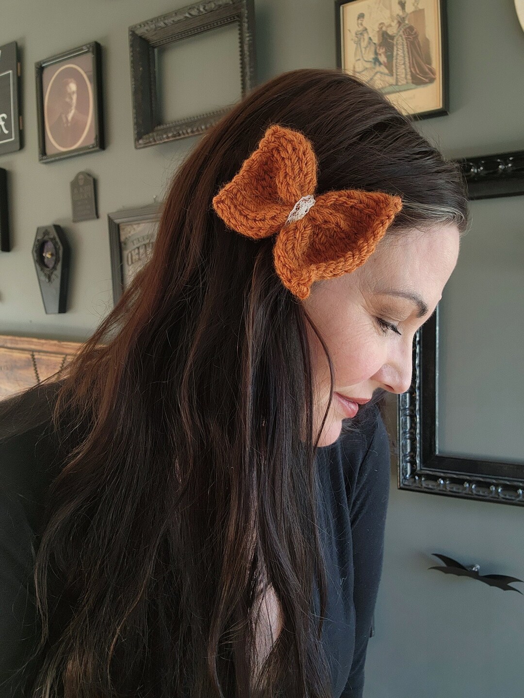 Hand Knit Hair Bow on Clip, Pumpkin Orange With Vintage White Lace ...