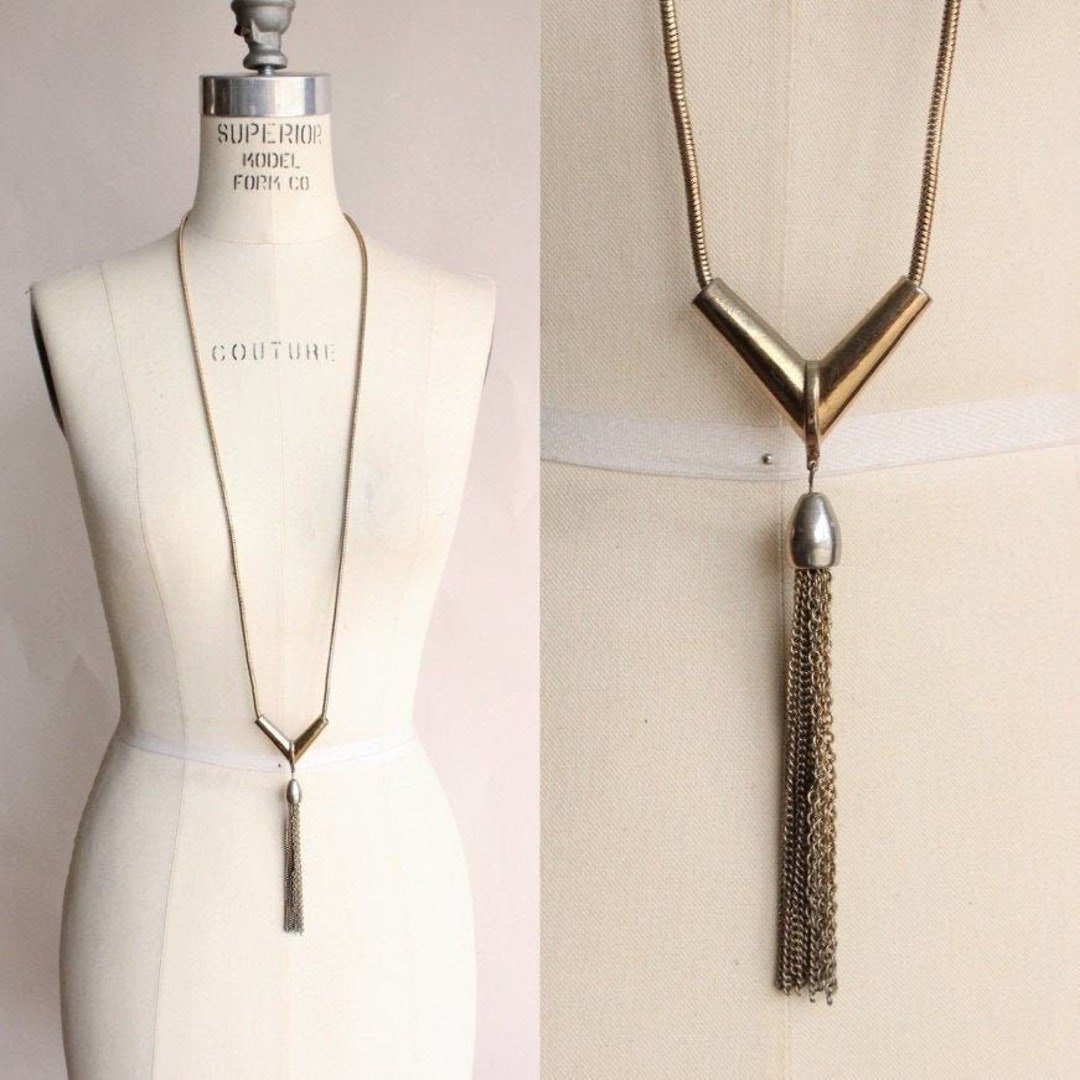 Vintage 1990s Necklace, Gold Metal Tassel Pendant, Snake Chain ...