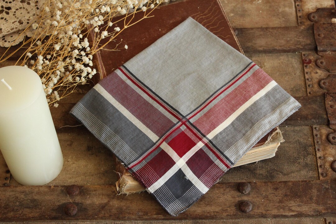 Vintage 1960s Men's Handkerchief, Grey and Red Tartan Plaid Cotton Man ...