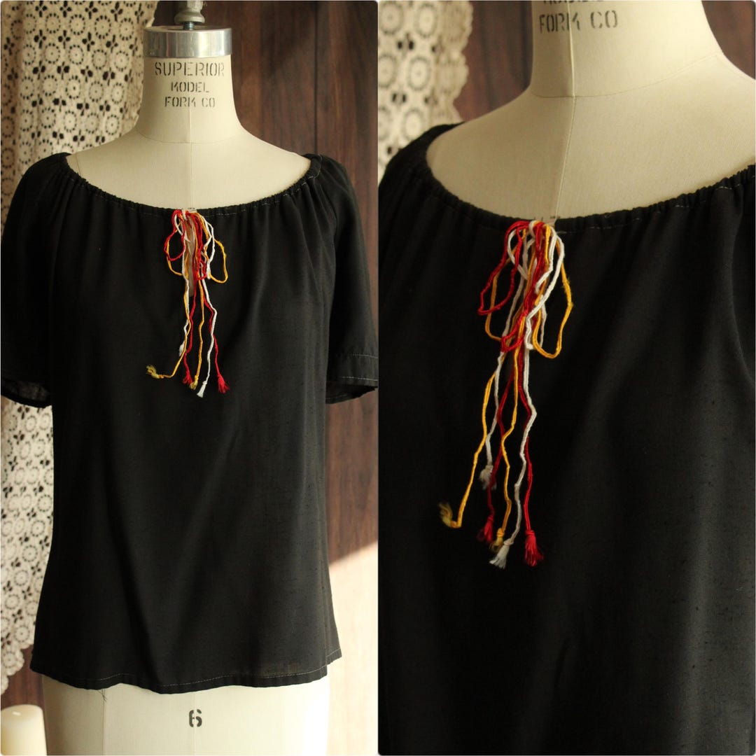 Vintage 1970s 1980s Blouse, Black Peasant Blouse, Keyhole Neck With ...