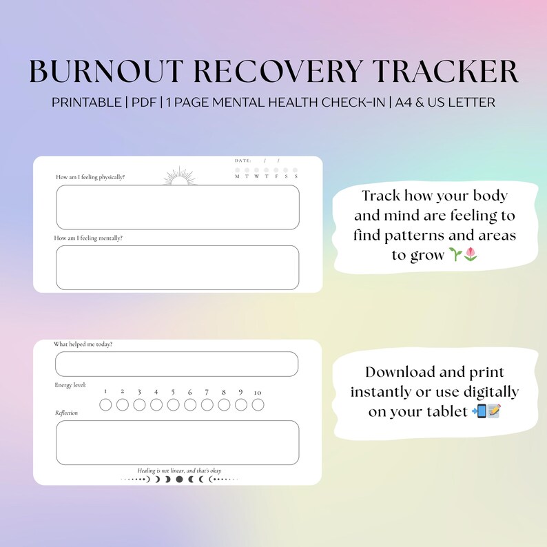 Burnout Recovery Tracker Printable - Mental Health Check-in Worksheet ...