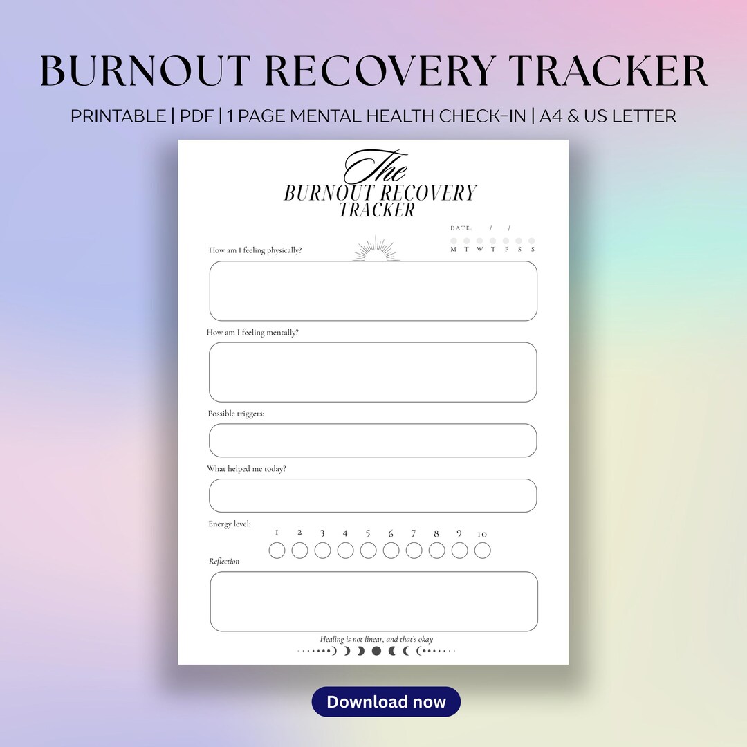 Burnout Recovery Tracker Printable - Mental Health Check-in Worksheet ...