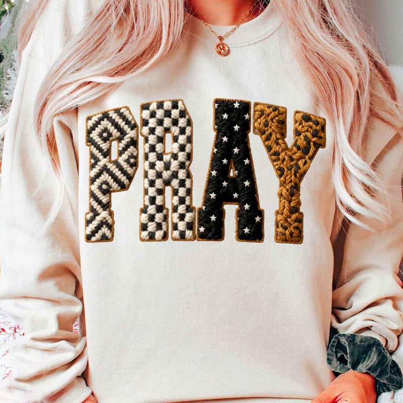 PRAY PNG, Crochet Christian Checkered Png, Retro Yarn Faith Design ...