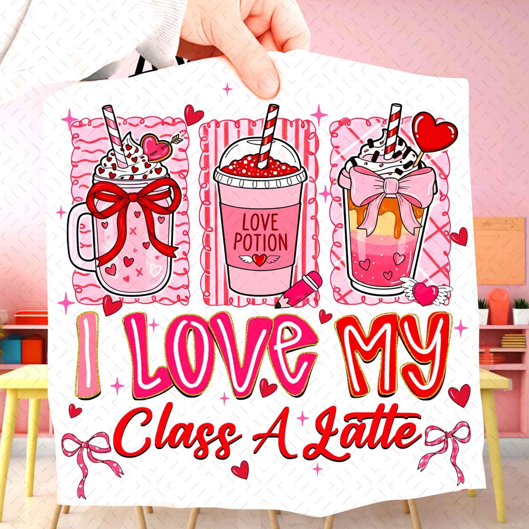 Preppy Teacher Valentine PNG, I Love My Class a Latte, Coquette Bow ...