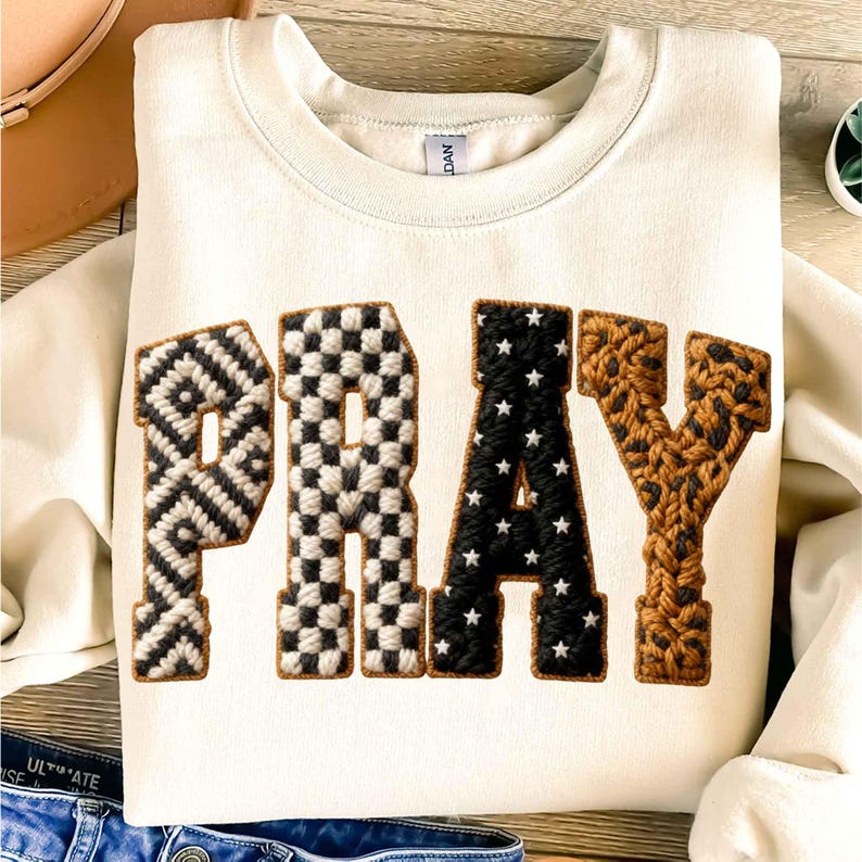 PRAY PNG, Crochet Christian Checkered Png, Retro Yarn Faith Design ...