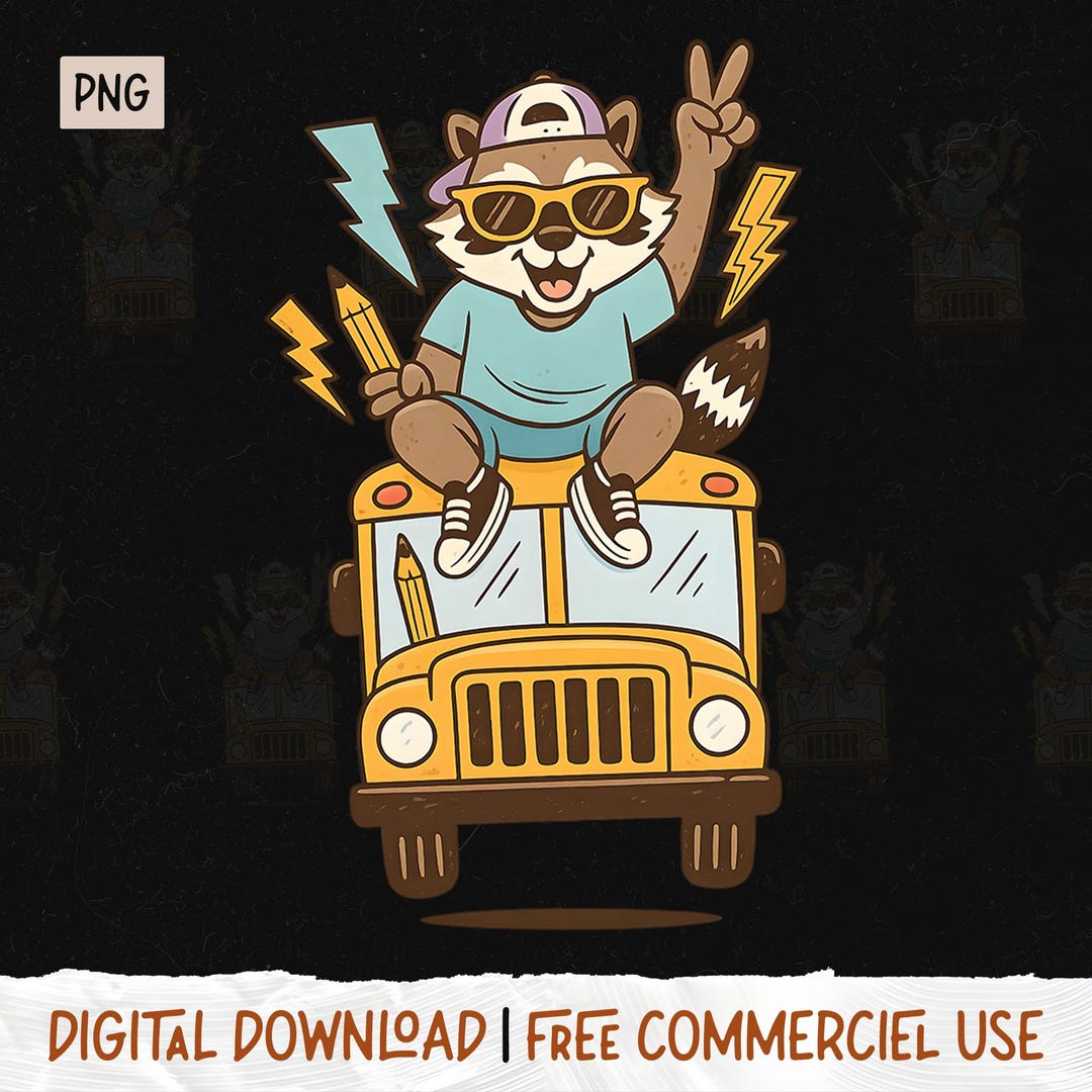 Raccoon Back to School PNG, School Bus, First Day Design (digital ...
