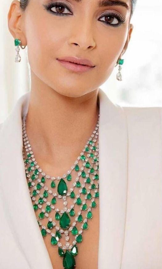 Celebrity Inspired Emerald Green 5 Layered Long Necklace Set With ...