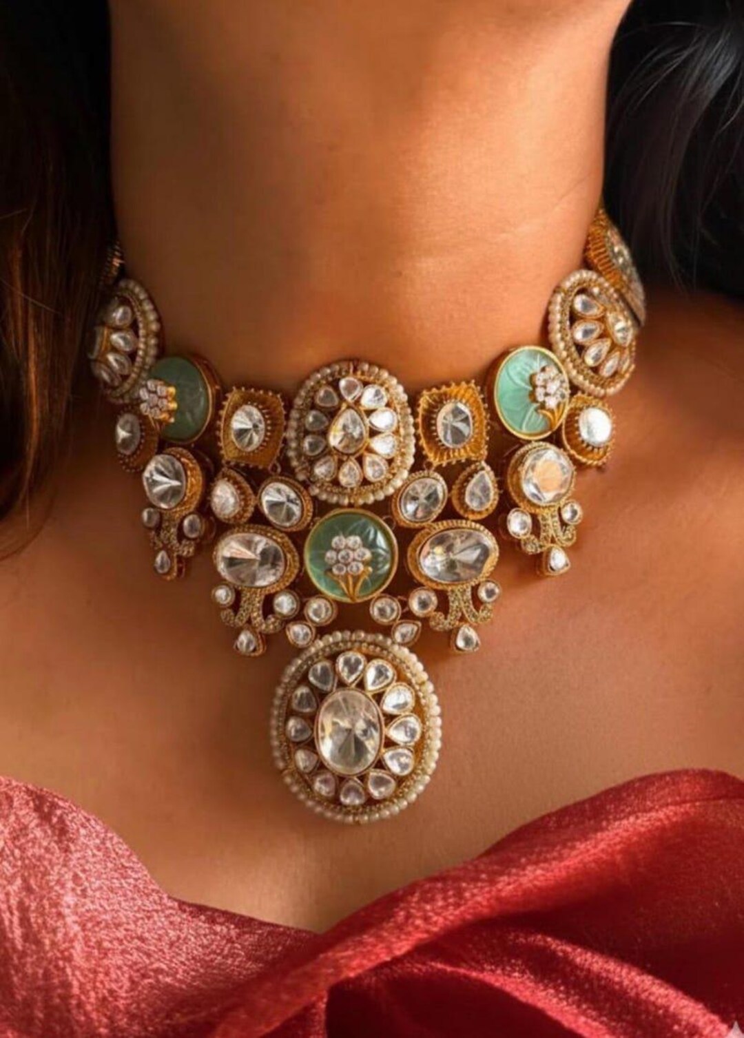 Tyani Inspired Moissanite Polki Mint Necklace Set With Earrings ...