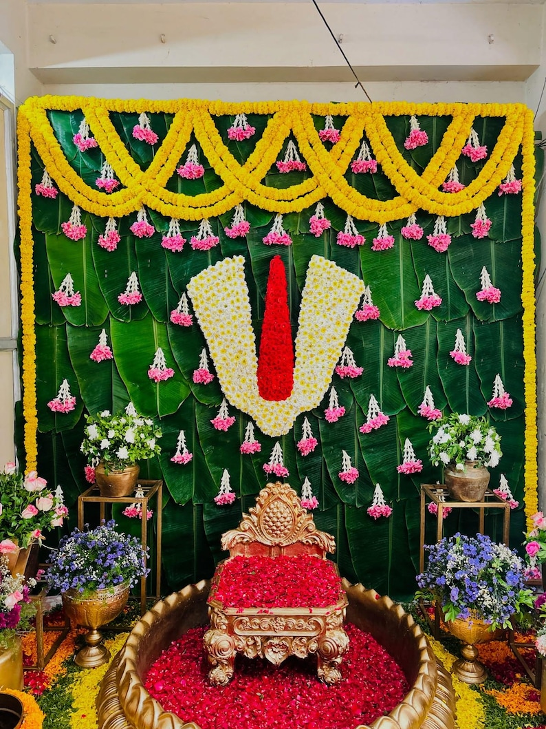 Marigold Garlands Yellow Pink Banana Leaf Namam Backdrop Decor Set ...