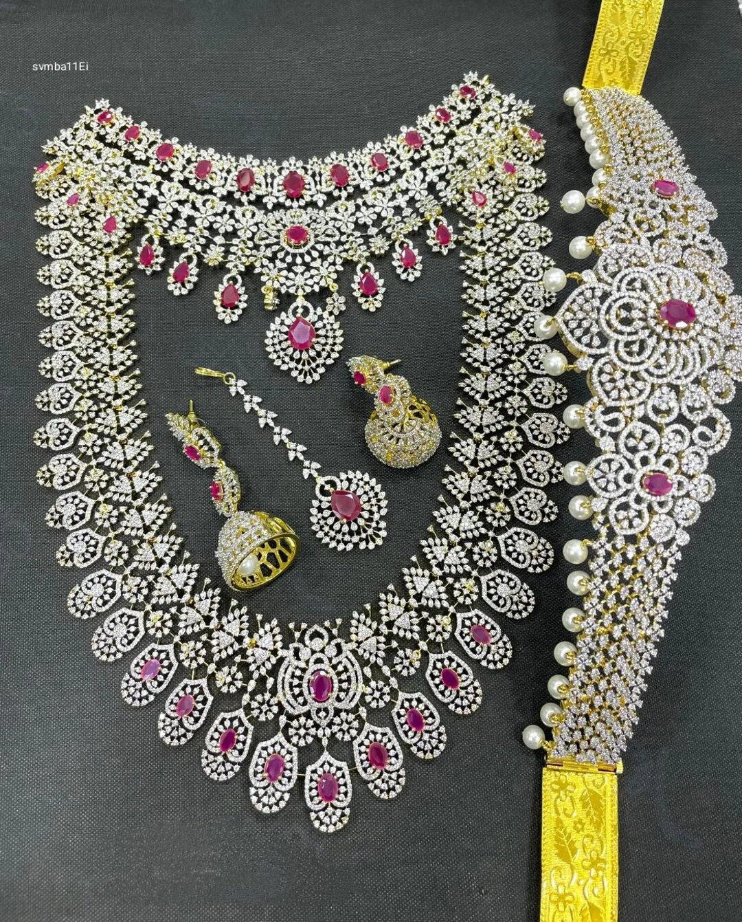 Gold Plated American Diamond Bridal Necklace Set With Long Haram ...