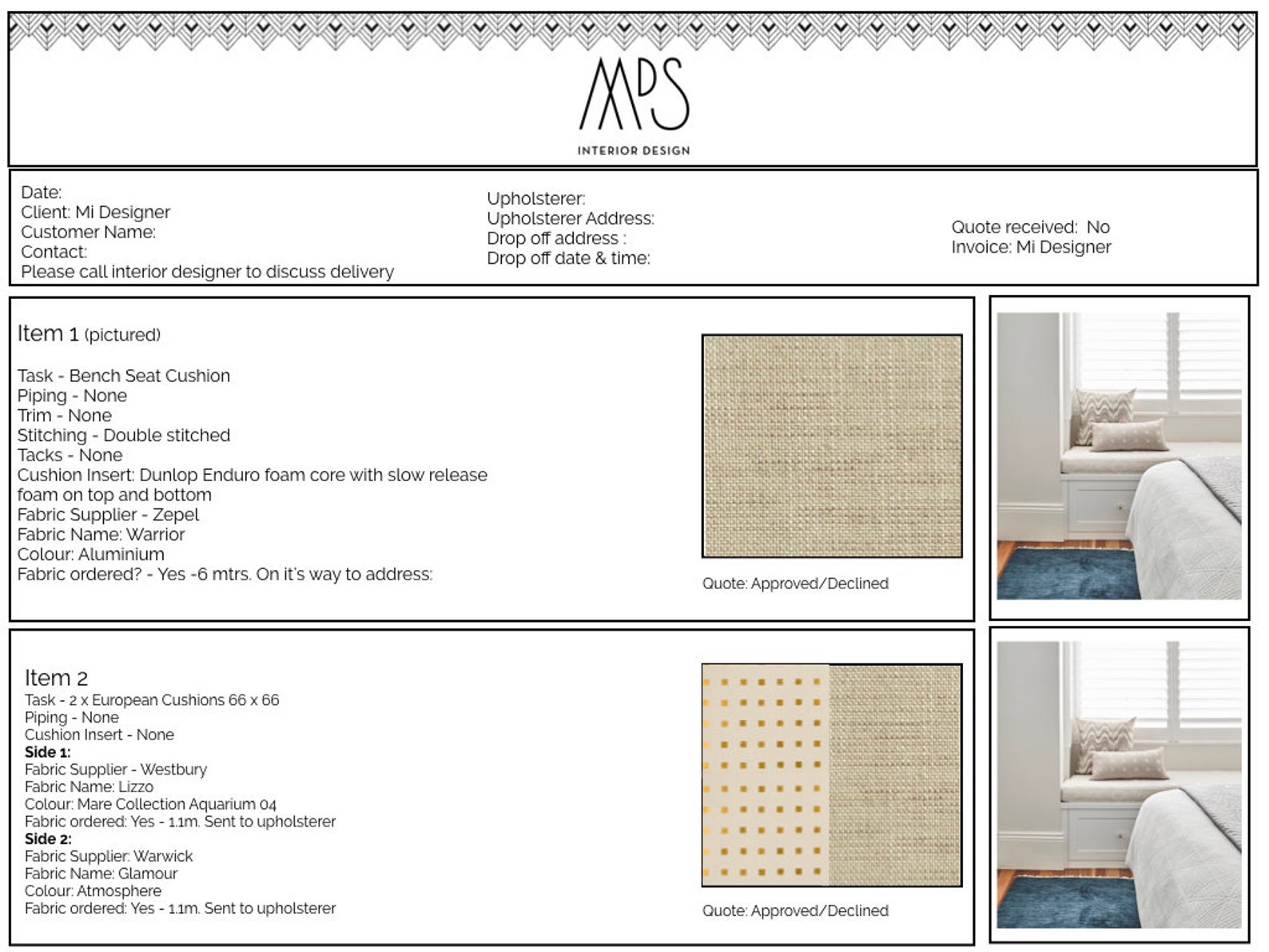 Custom Upholstery Order Template: Interior Design (excel + Keynote) - Etsy