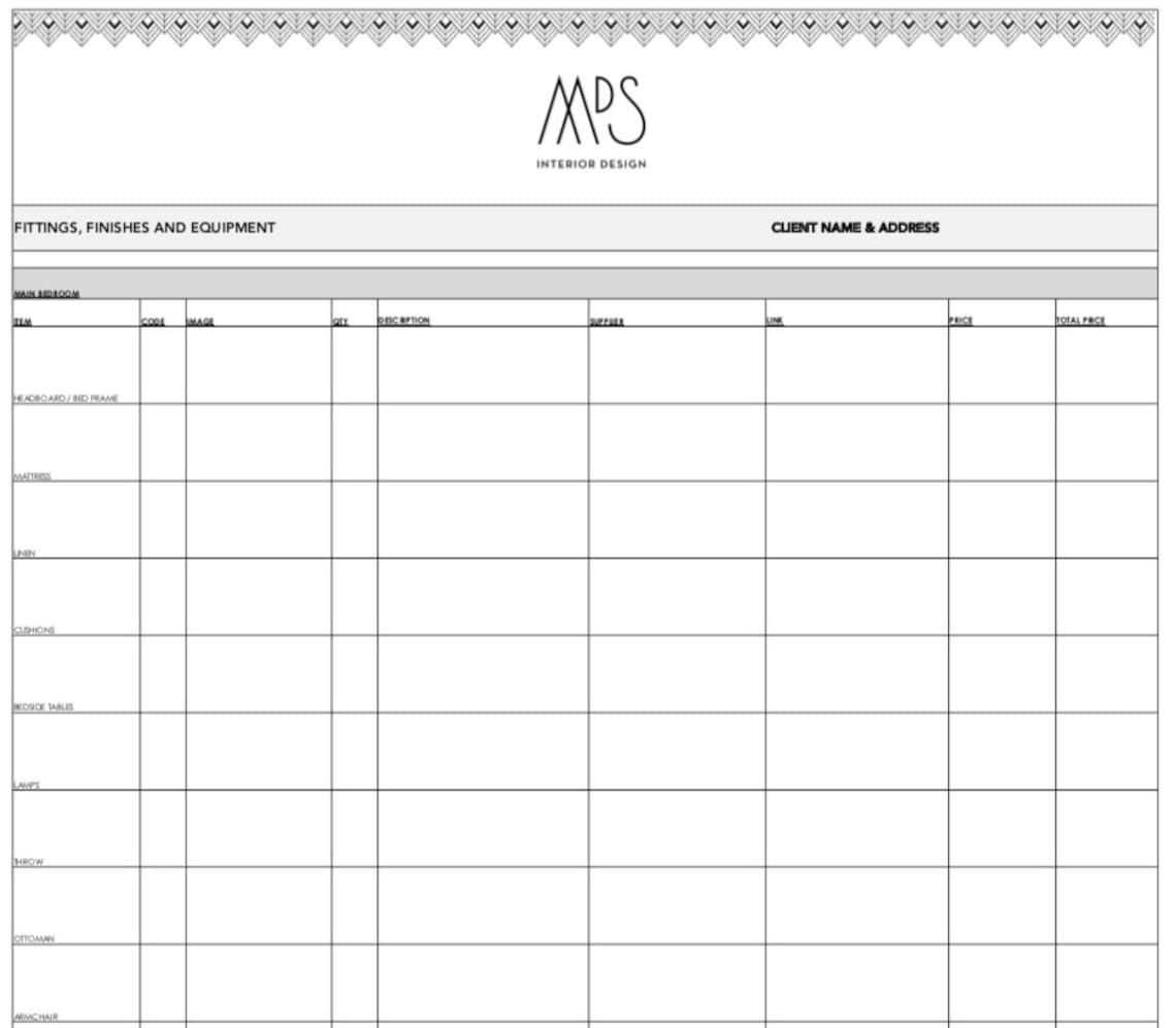 FF&E Schedule Template | CUSTOMISABLE | Fittings, Fixtures + Equipment ...