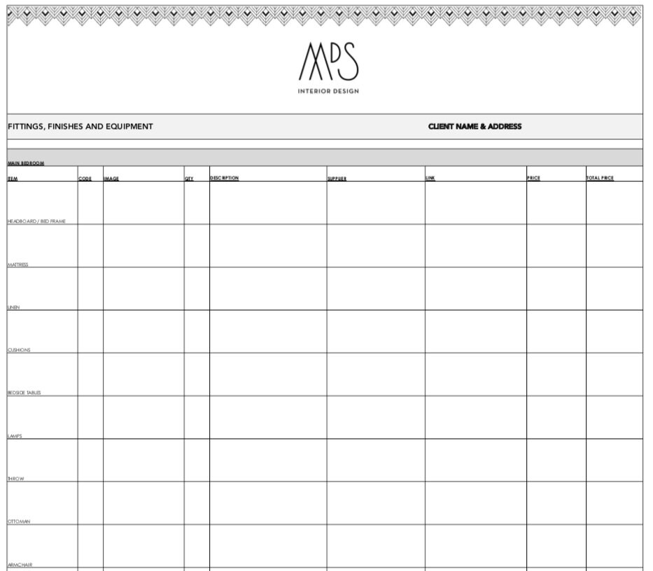 FF&E Schedule Template | CUSTOMISABLE | Fittings, Fixtures + Equipment ...