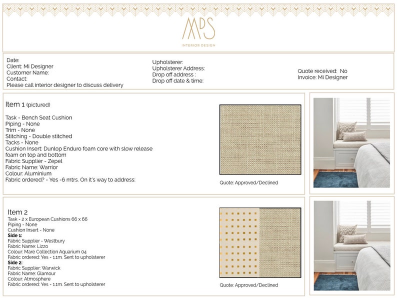 Custom Upholstery Order Template: Interior Design (excel + Keynote) - Etsy