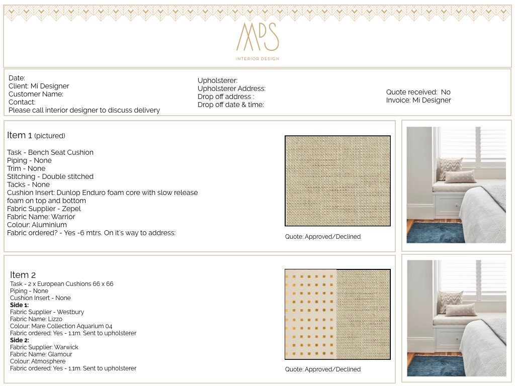 Custom Upholstery Order Template: Interior Design (excel + Keynote) - Etsy