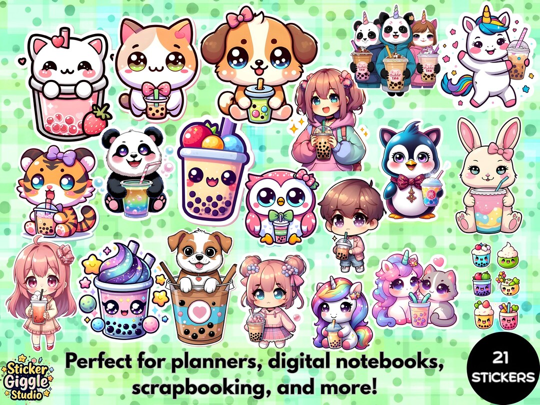 Cute Bubble Tea Sticker Pack | Kawaii Digital Stickers Bundle for Water ...
