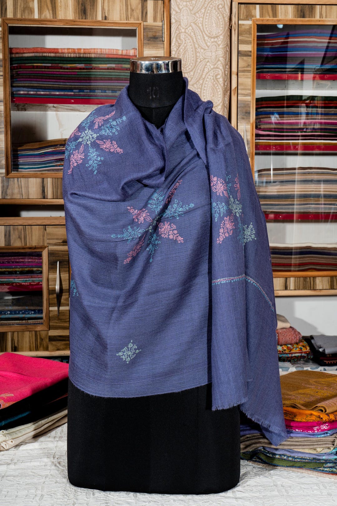 Pure Pashmina Stole in Slate Blue | Handwoven Kashmiri Wrap With Pastel ...