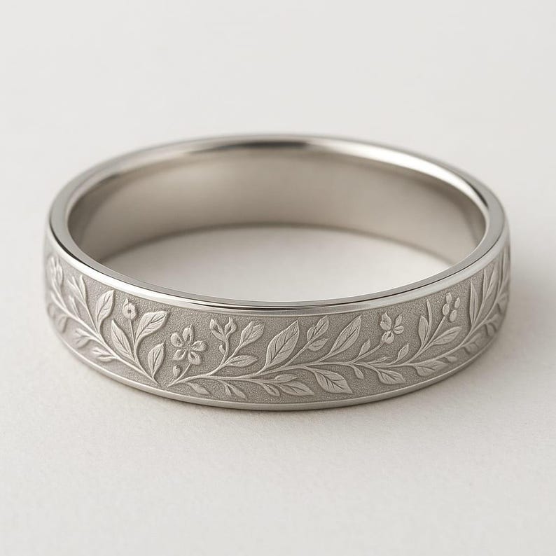 Engraved Floral 925 Sterling Silver Ring | Nature Wedding Band - Etsy