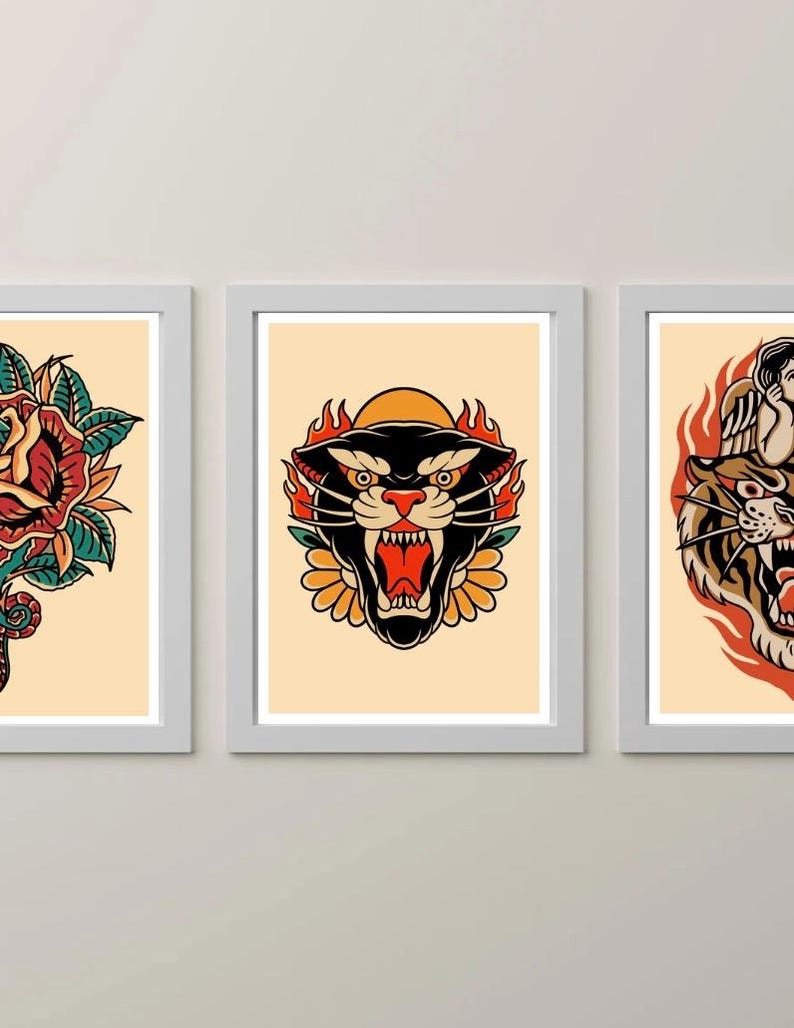 American Traditional Tattoo Flash Poster – A4 Print – Classic Old ...