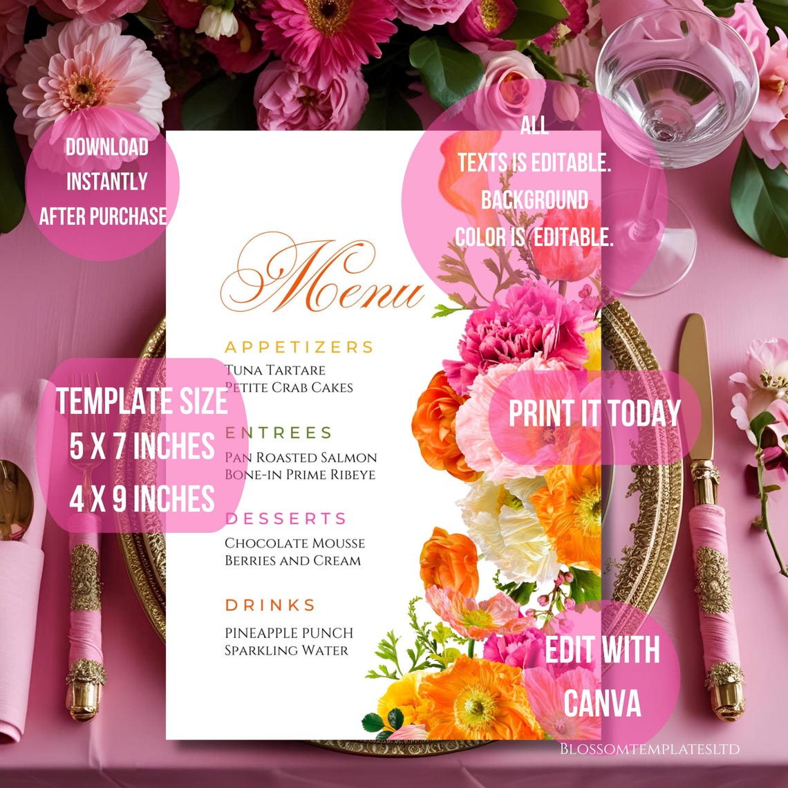 Editable Wedding Menu Template Pink and Orange, Printable Hot Pink ...