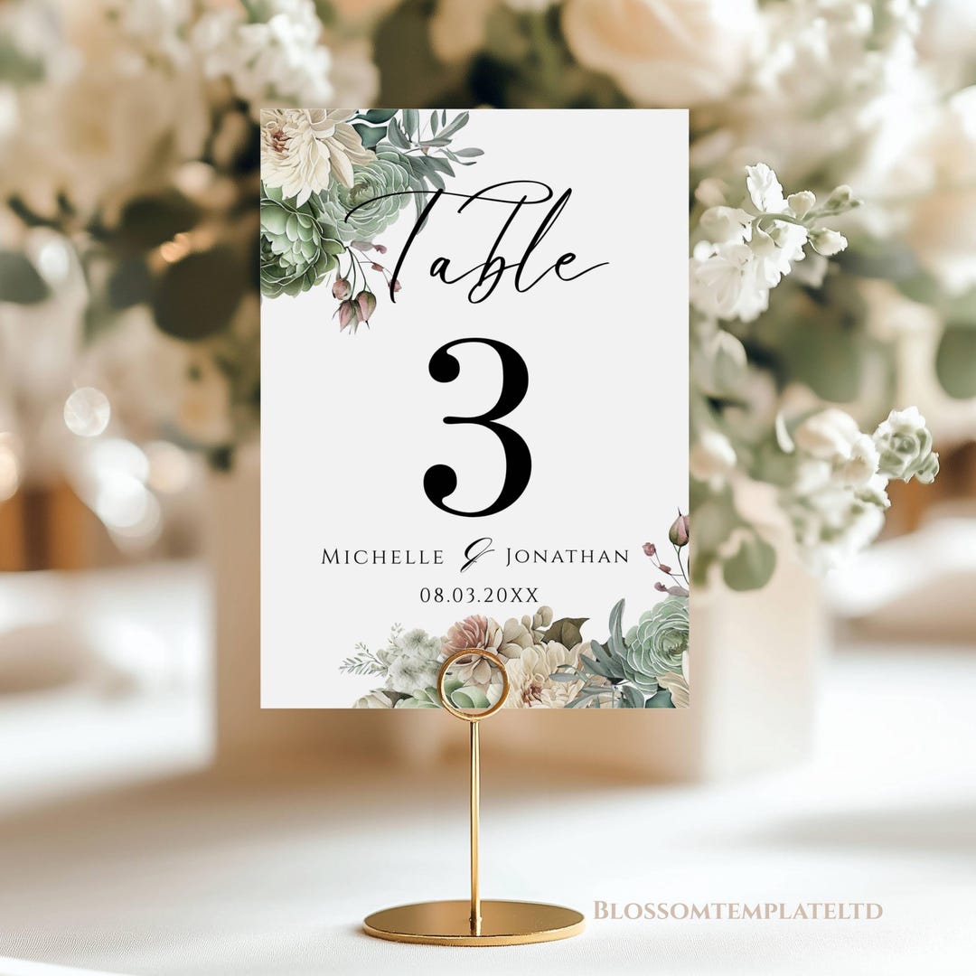 Floral Wedding Table Number Template Greenery Printable Boho Wedding ...