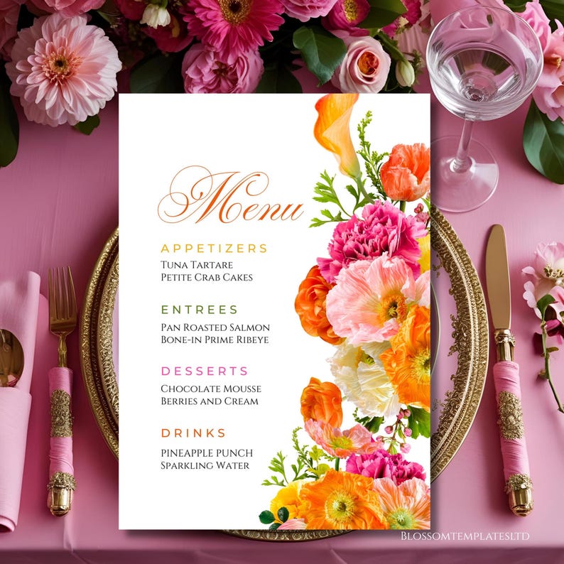 Editable Wedding Menu Template Pink and Orange, Printable Hot Pink ...