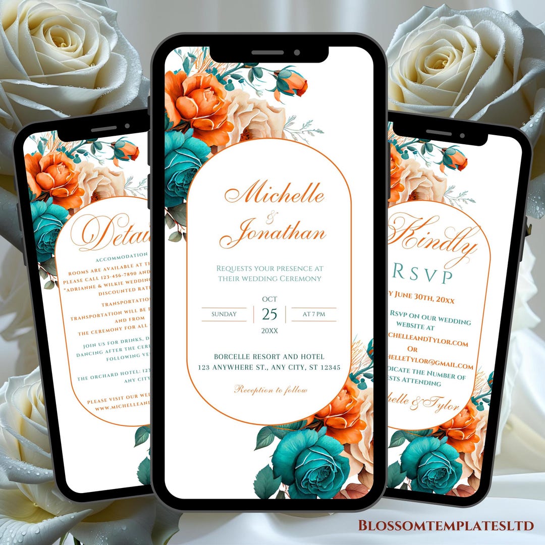 Floral Wedding Invitation Set Green, Orange Roses Digital Wedding ...