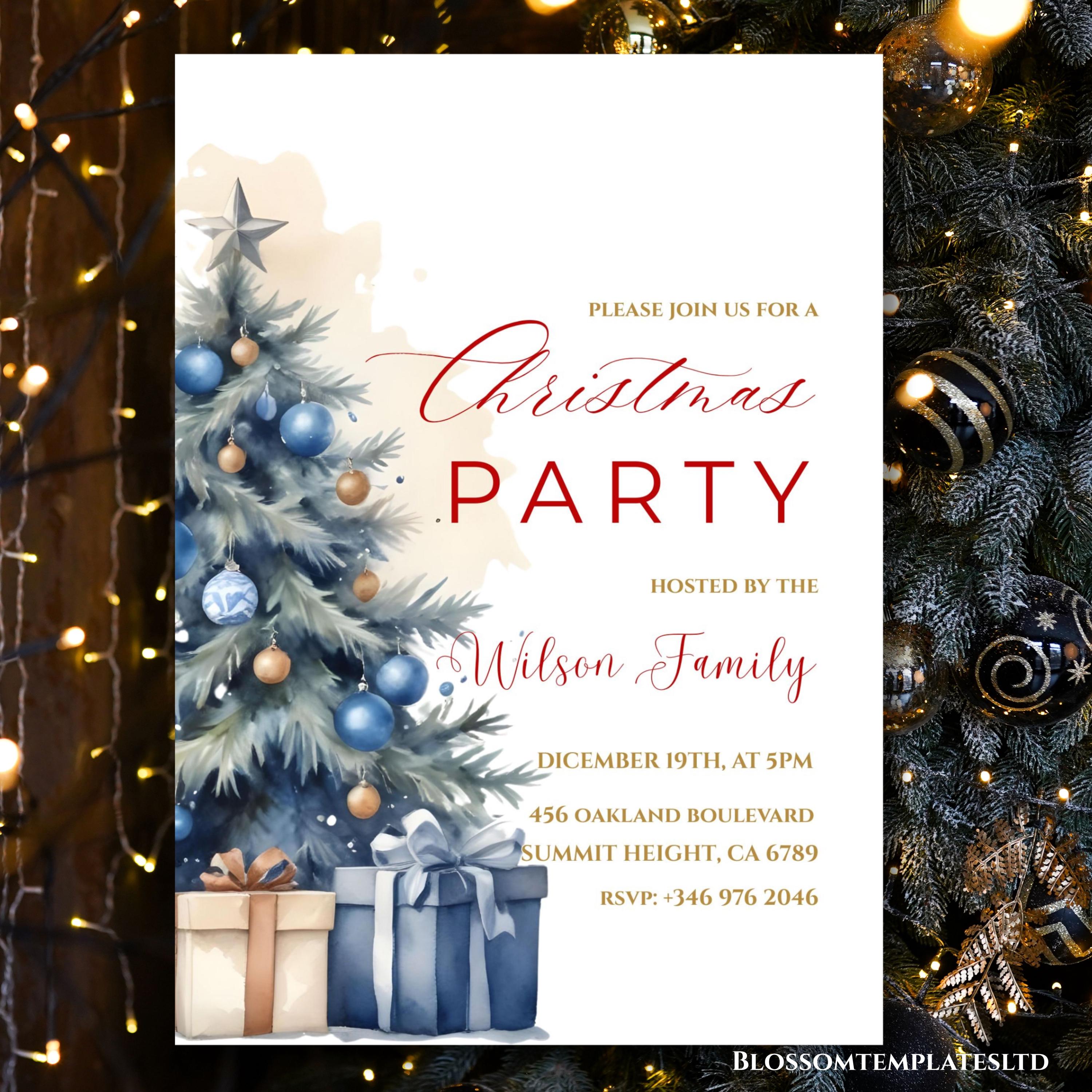 Editable Christmas Tree Party Invitation, Blue Holiday Tree Invite ...