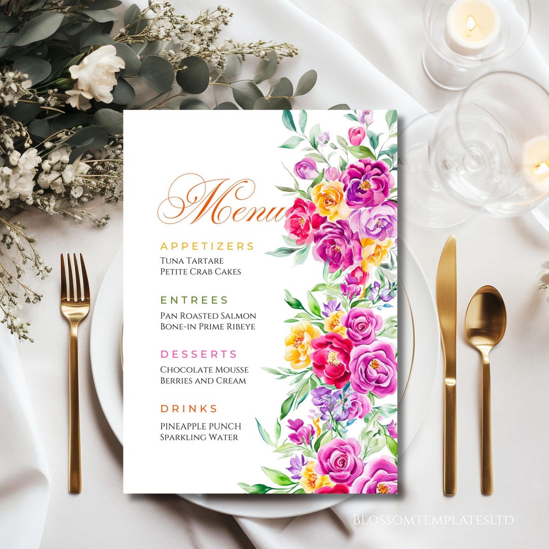 Floral Wedding Menu Template Pink and Orange, Printable Hot Pink Menu ...